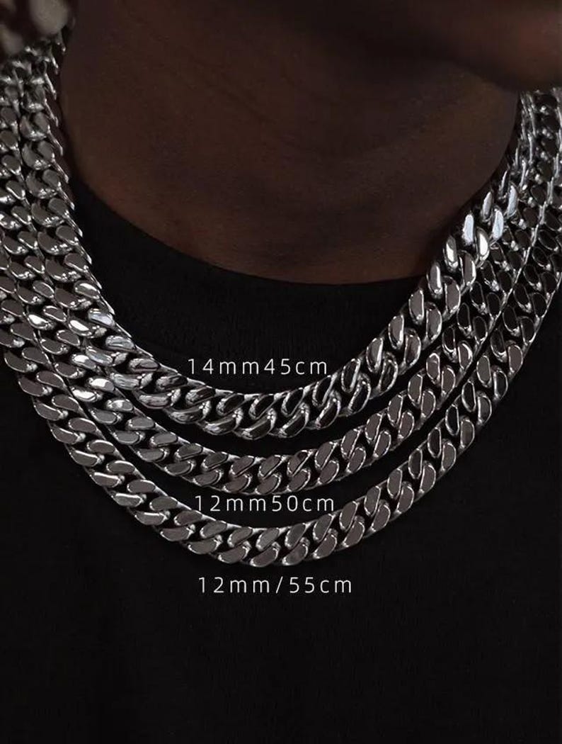 10MM 12MM 14MM Cuban Link Chain - Heavy Thick Dark Titanium Steel Miami Cuban Link Chunky ...