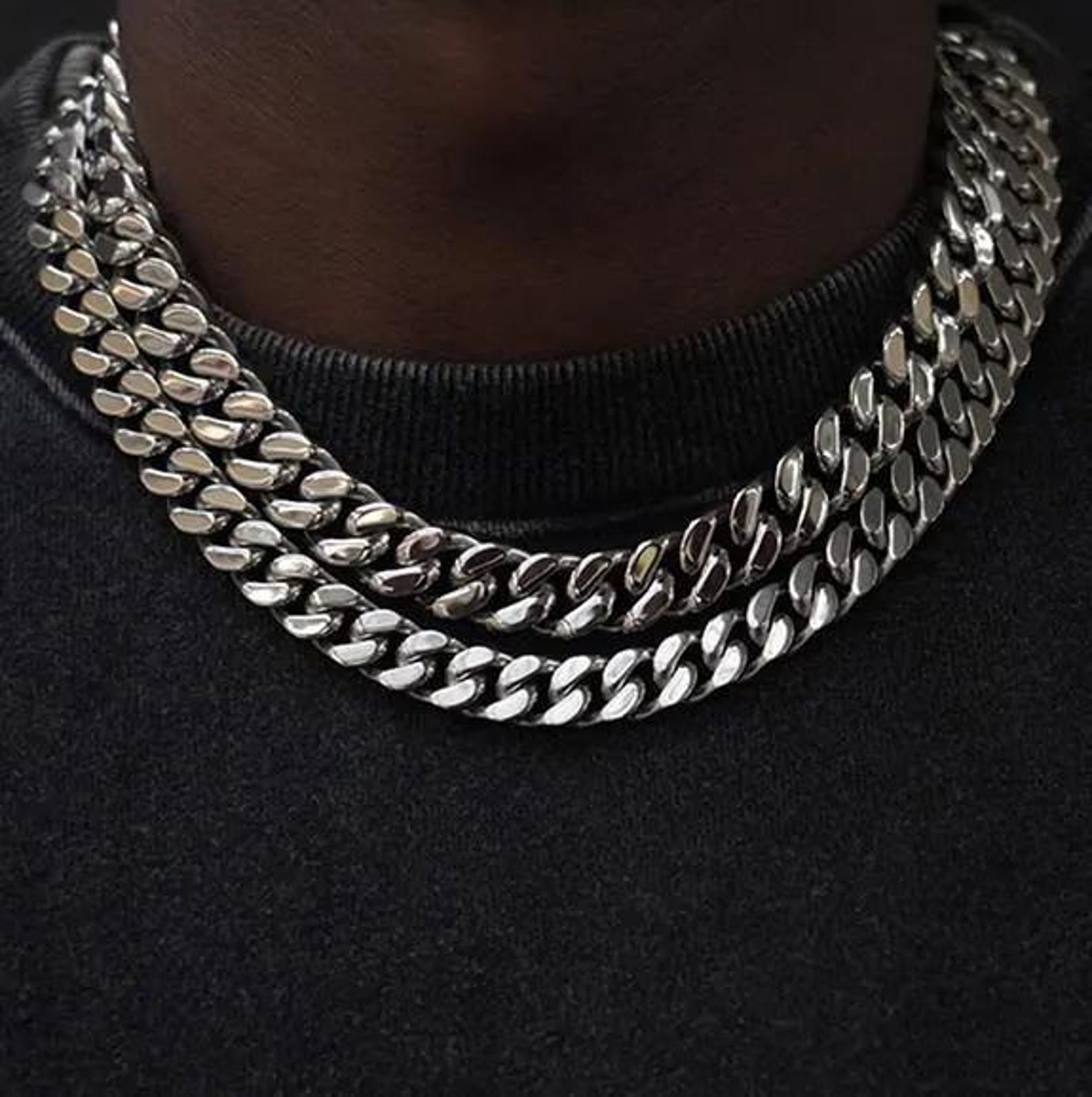 10MM 12MM 14MM Cuban Link Chain - Heavy Thick Dark Titanium Steel Miami ...