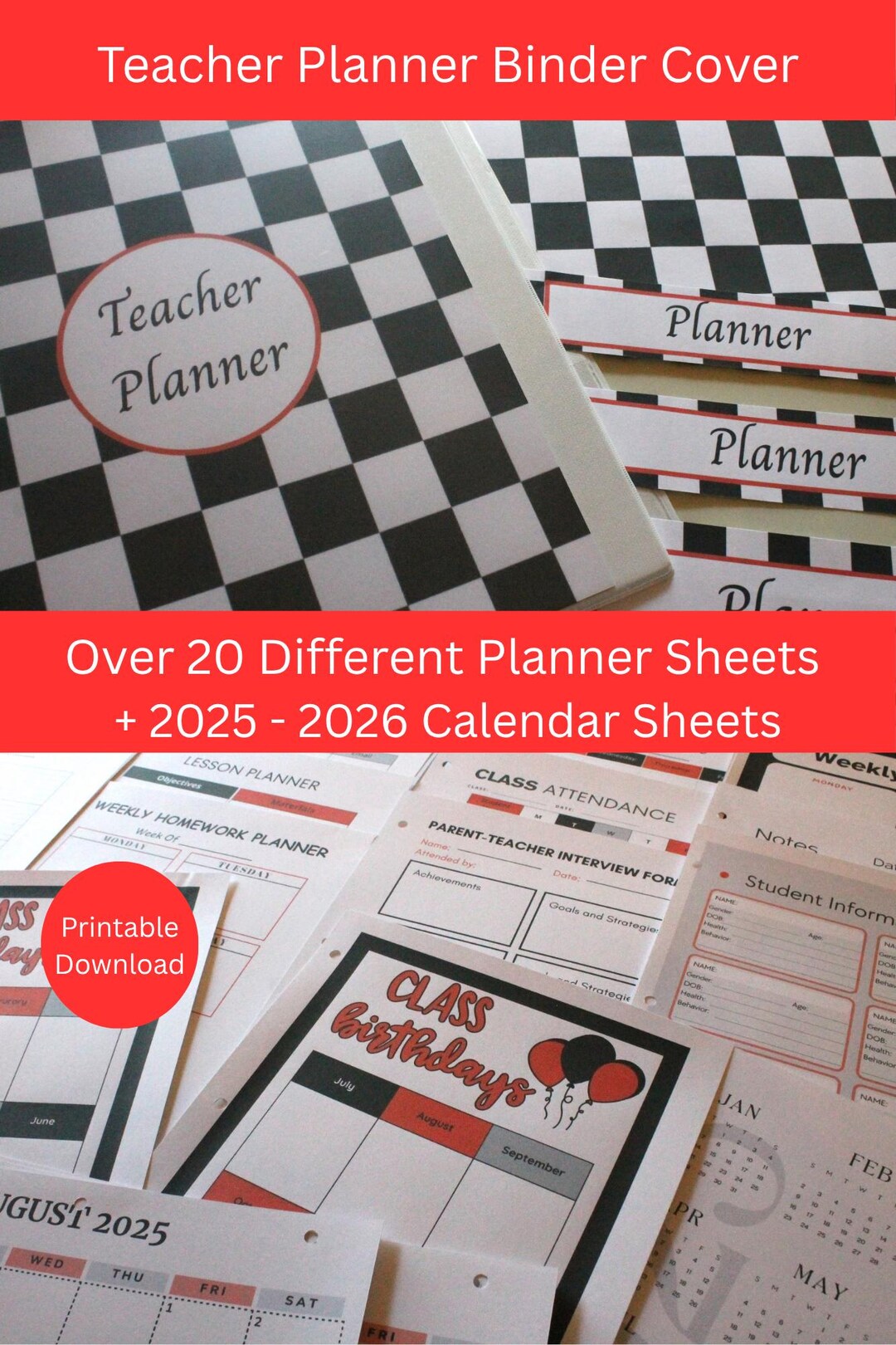 Printable Teacher Planner and Binder Cover, Black and White Checkered ...