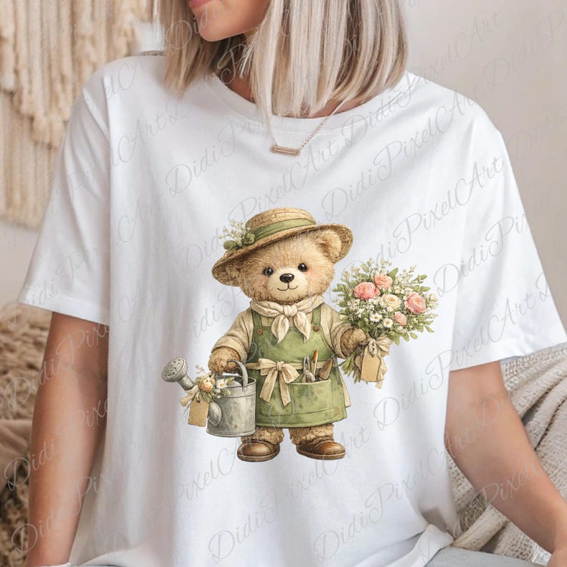 Whimsical Florist Teddy Bear PNG | Cottagecore Bear With Flowers | Cute ...