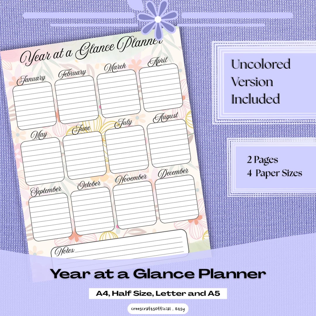 Year at a Glance One Page Planner – Monthly Overview, Printable ...