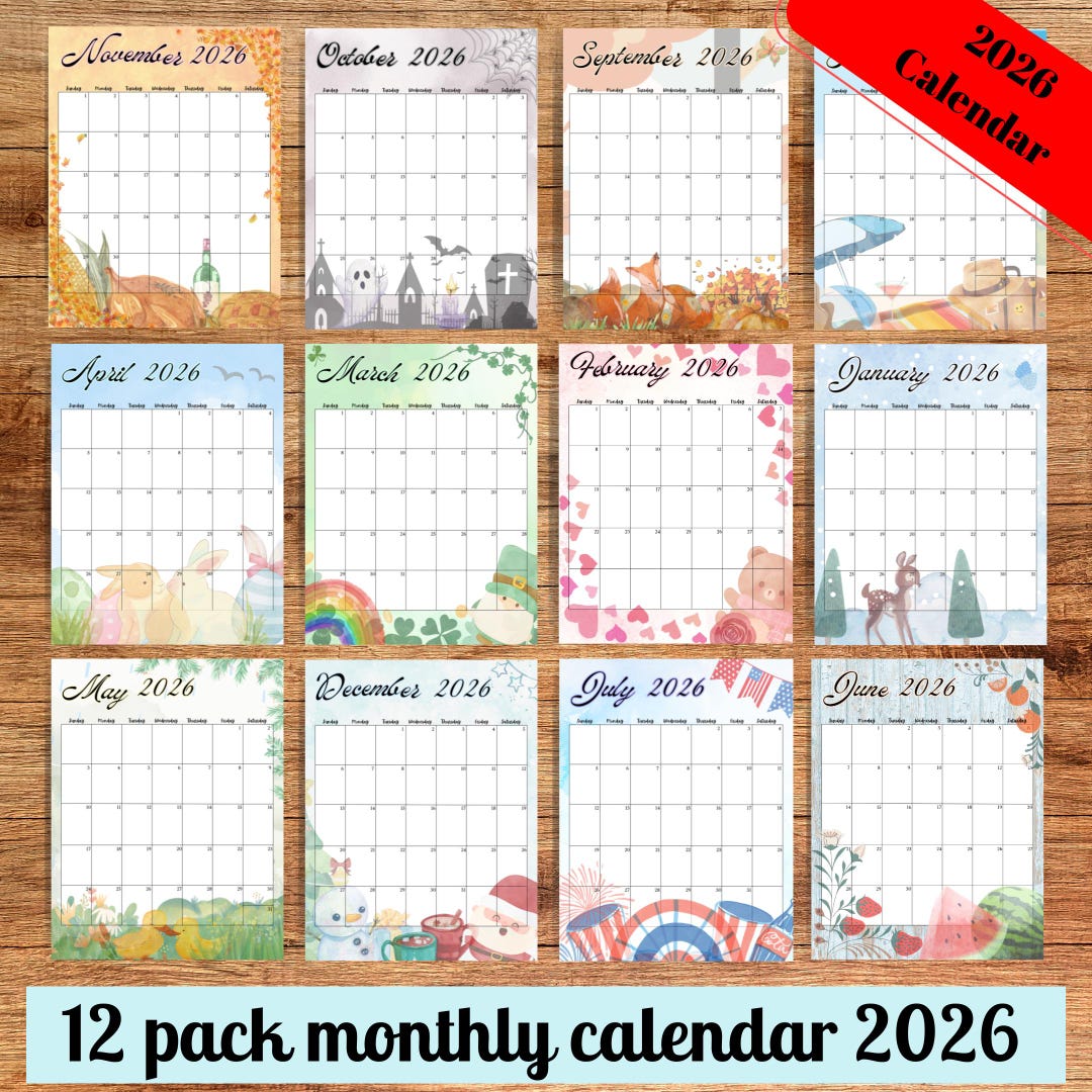 2026 Printable Holiday Themed Watercolor Calendar, Unlined, 8.5x11 & A4 ...