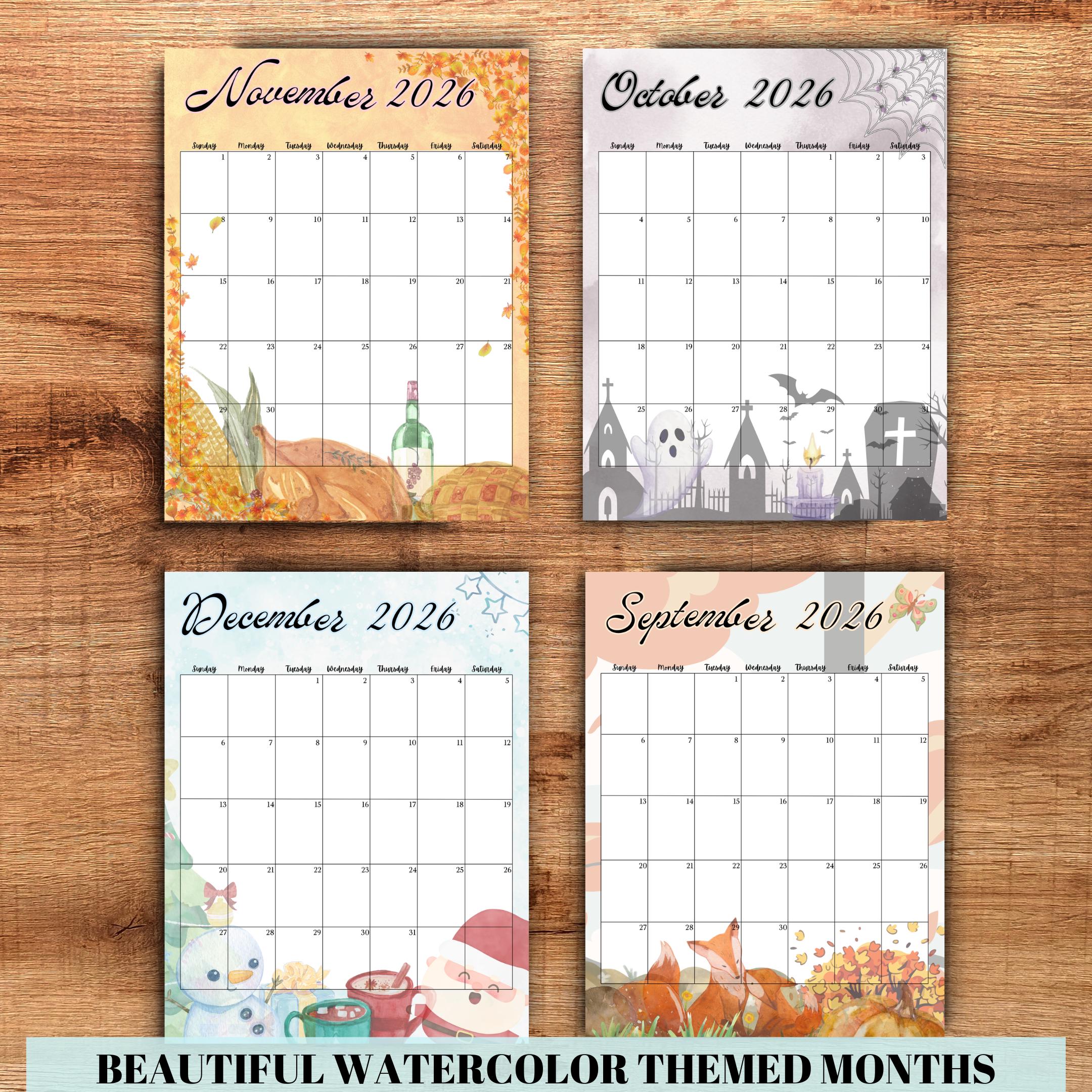 2026 Printable Holiday Themed Watercolor Calendar, Unlined, 8.5x11 & A4 ...