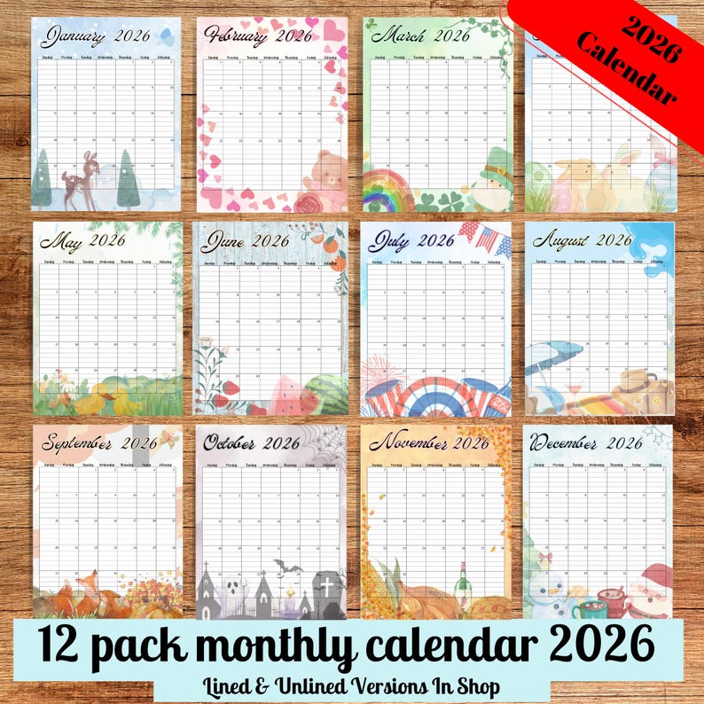 2026 Holiday Watercolor Calendar, Printable Lined Monthly Planner ...