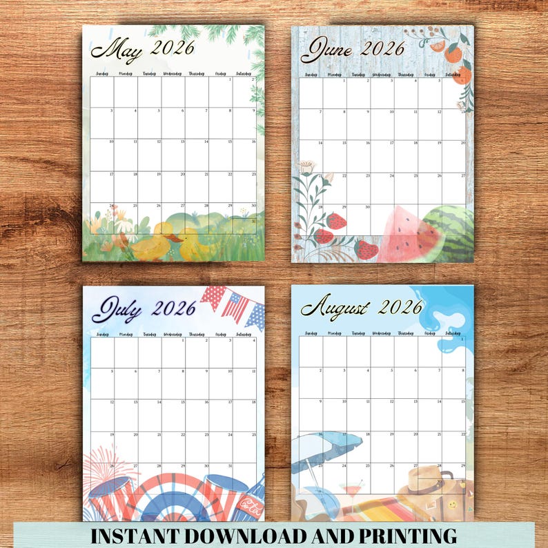 2026 Printable Holiday Themed Watercolor Calendar, Unlined, 8.5x11 & A4 ...