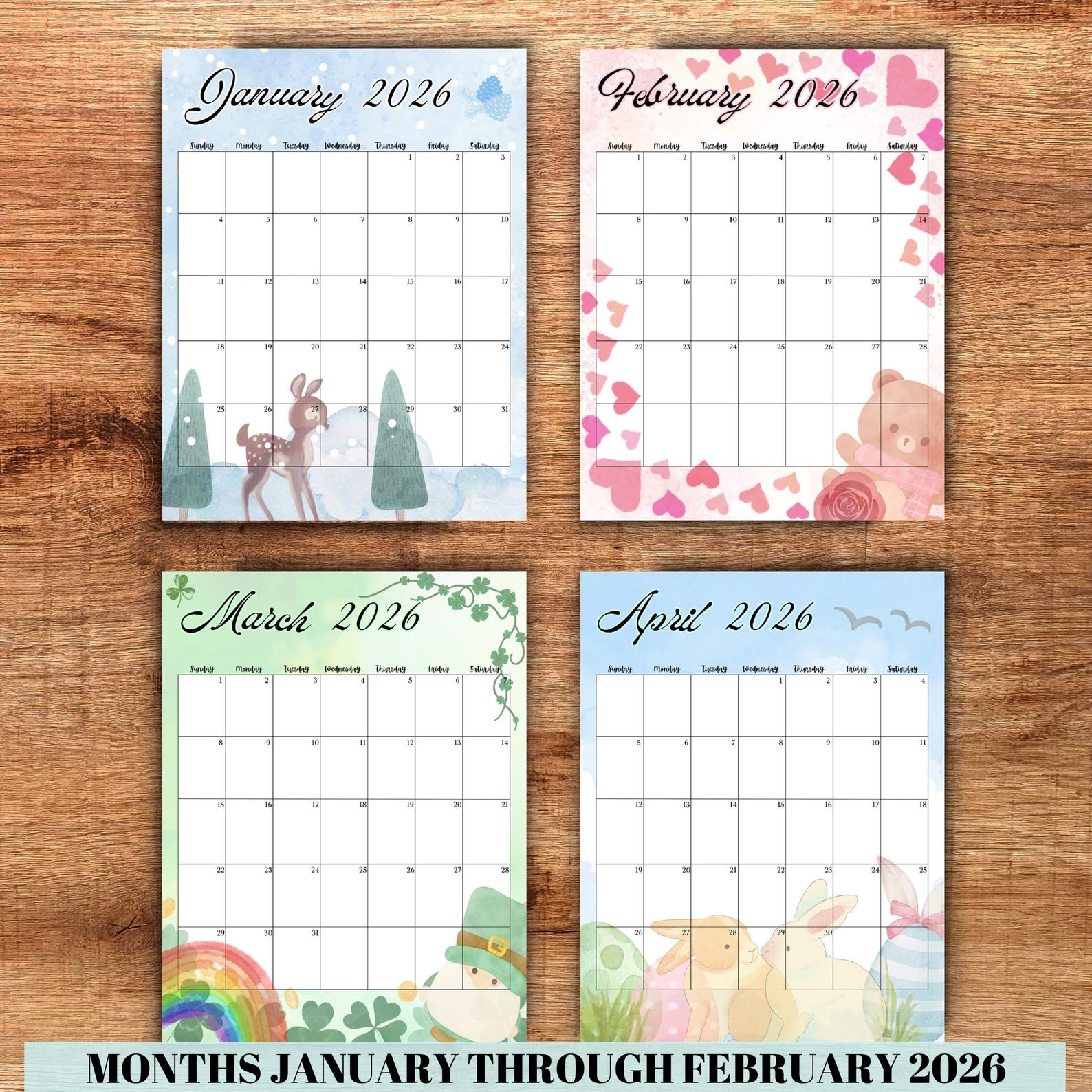 2026 Printable Holiday Themed Watercolor Calendar, Unlined, 8.5x11 & A4 ...