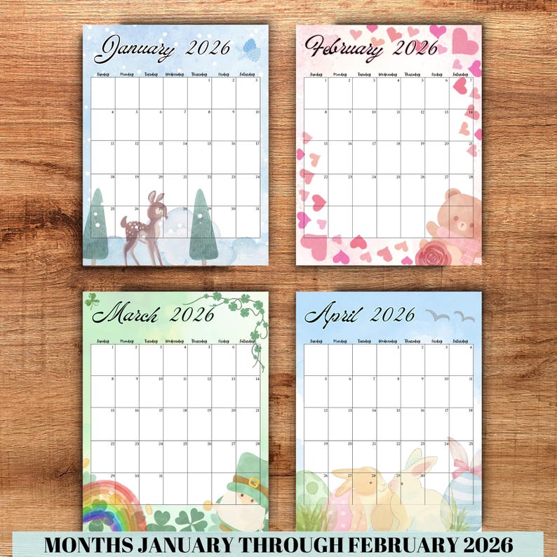 2026 Printable Holiday Themed Watercolor Calendar, Unlined, 8.5x11 & A4 ...