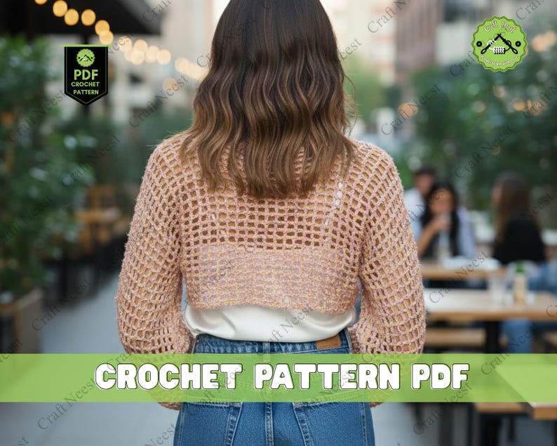 Cropped Mesh Shrug Crochet Pattern PDF Long Sleeve Crochet Shruggie ...