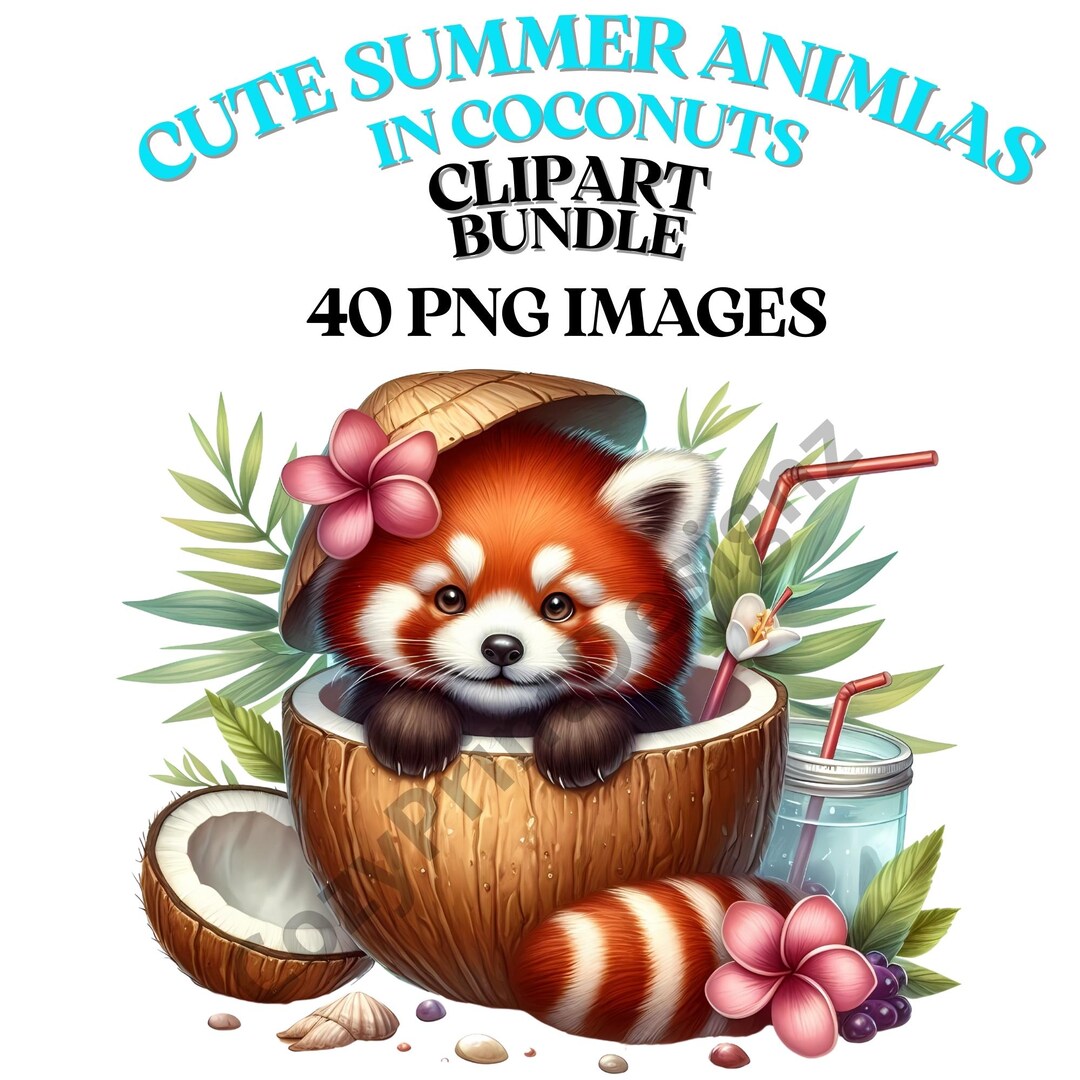 Cute Summer Animals Clipart Bundle, 40 Animal Graphics, Coconut Png ...
