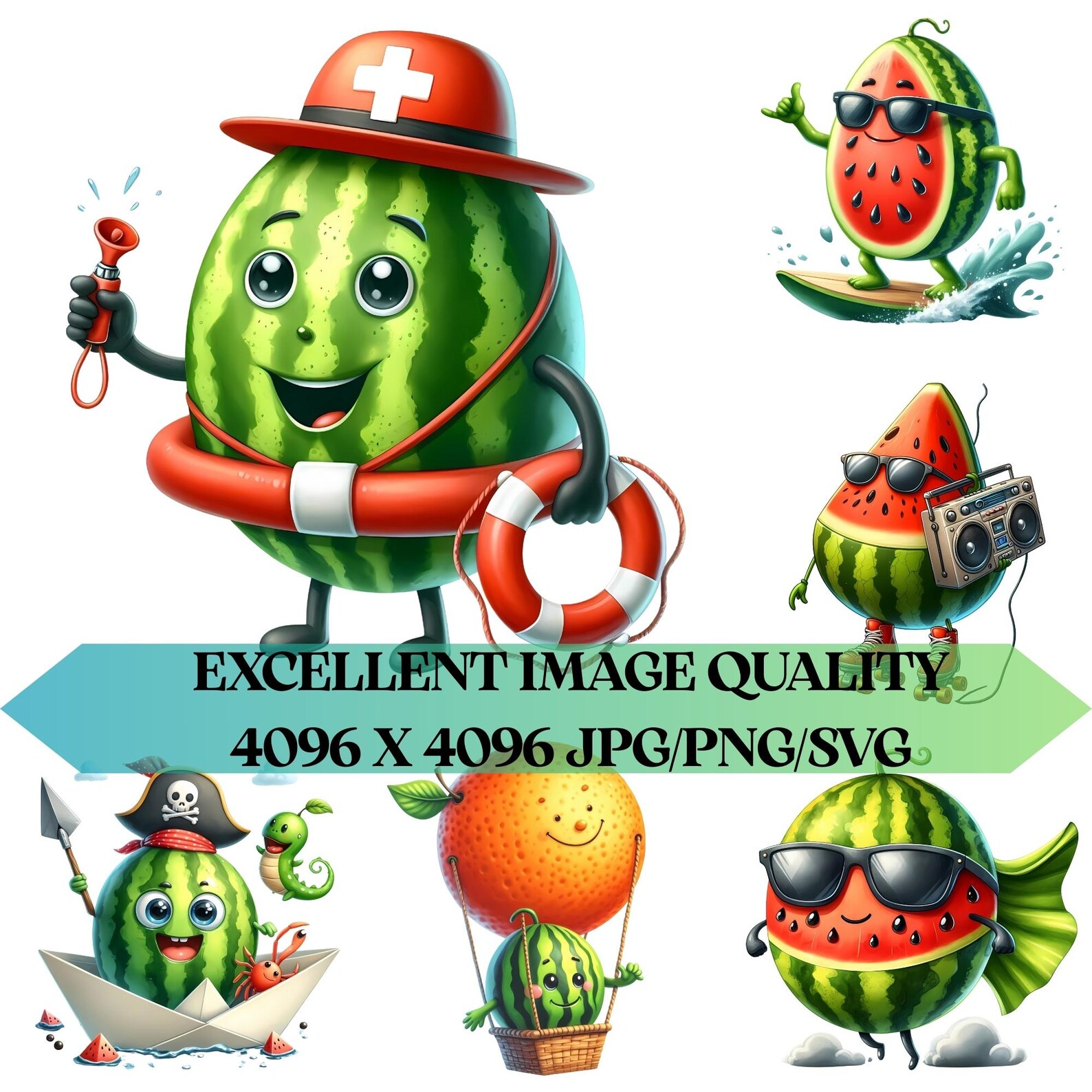 Funny Summer Watermelon Clipart Bundle, 25 Fruit Graphics, Watermelon ...