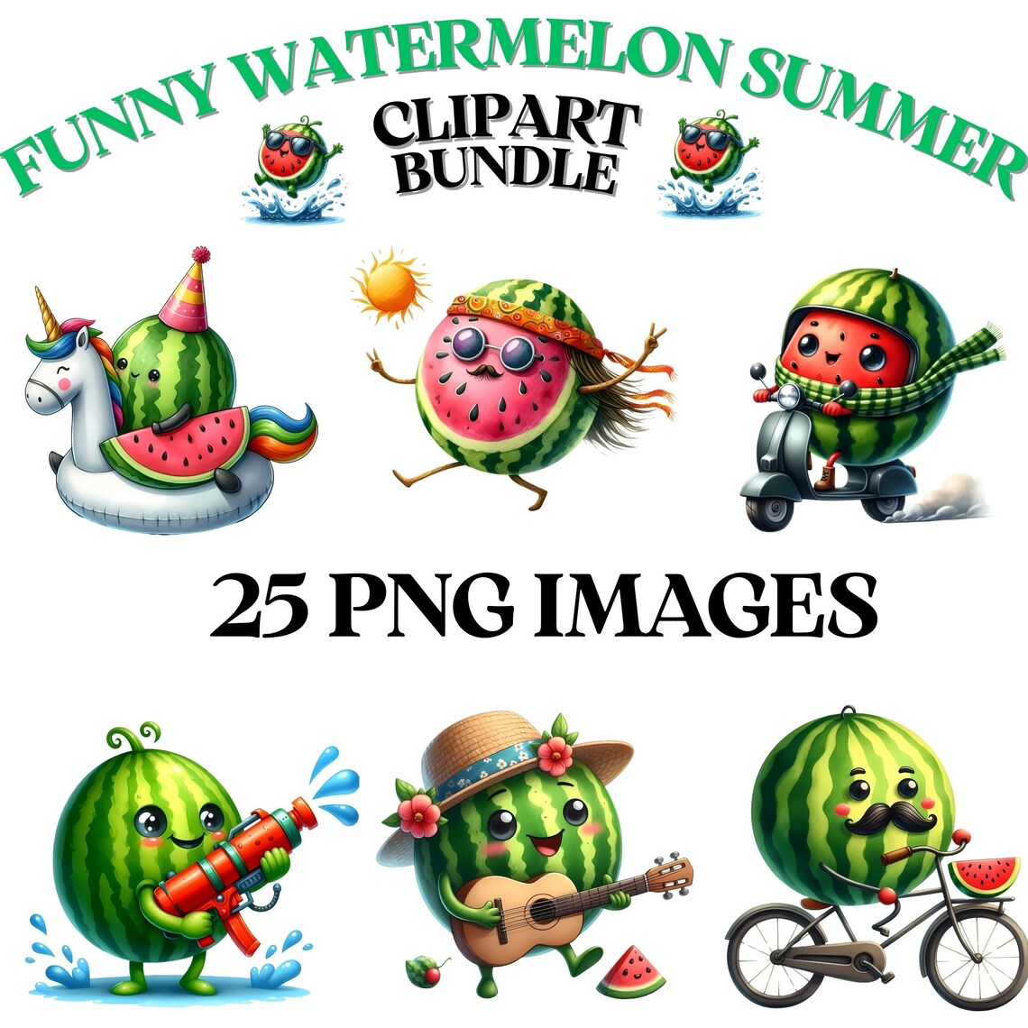Funny Summer Watermelon Clipart Bundle, 25 Fruit Graphics, Watermelon ...