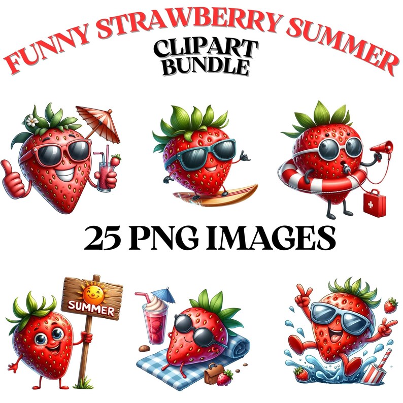 Funny Summer Strawberry Clipart Bundle, 25 Fruit Graphics, Strawberry ...