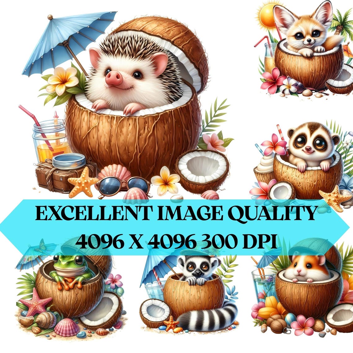 Cute Summer Animals Clipart Bundle, 40 Animal Graphics, Coconut Png ...