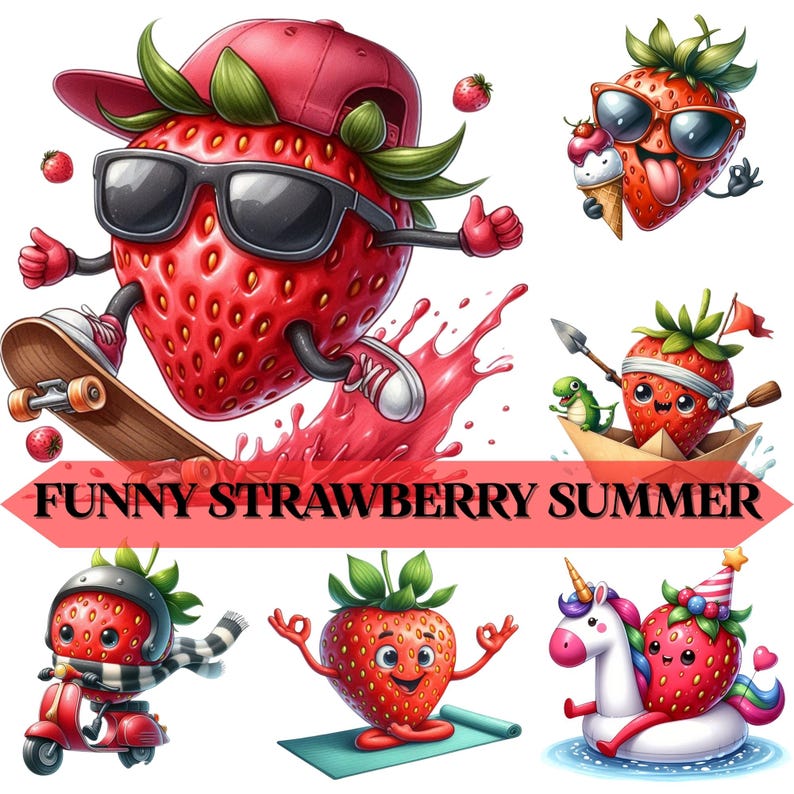 Funny Summer Strawberry Clipart Bundle, 25 Fruit Graphics, Strawberry ...
