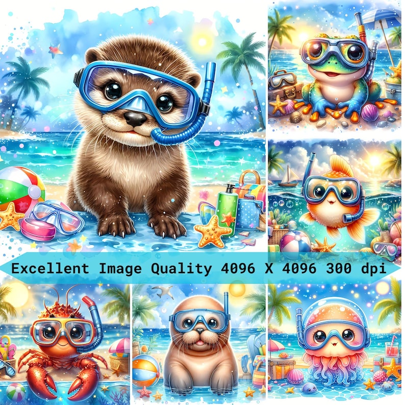 Scuba Animals Clipart Bundle, 20 Summer Graphics, Scuba Gear Png, Cute ...
