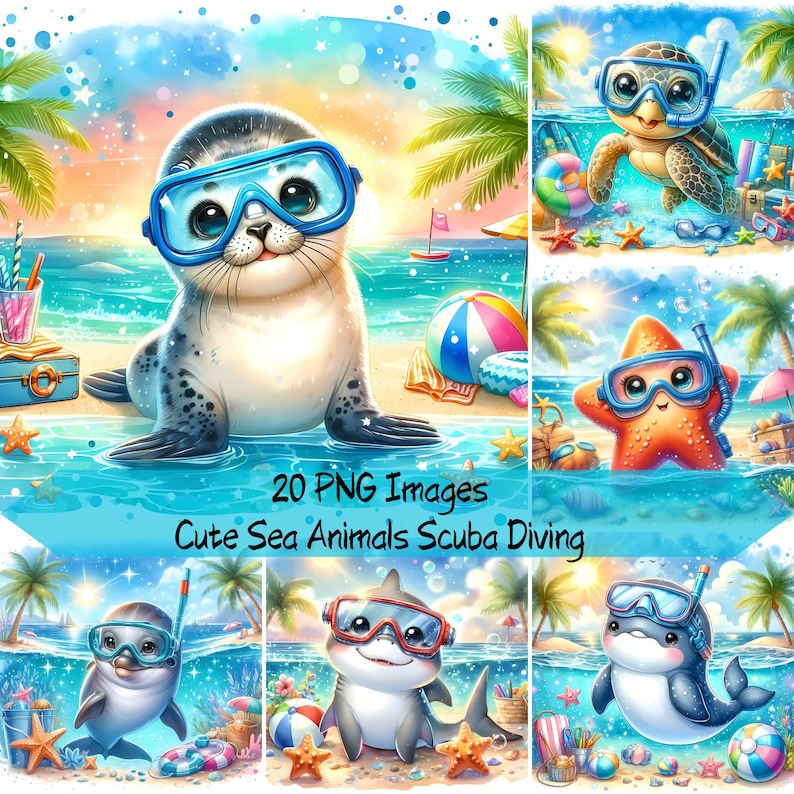 Scuba Animals Clipart Bundle, 20 Summer Graphics, Scuba Gear Png, Cute ...
