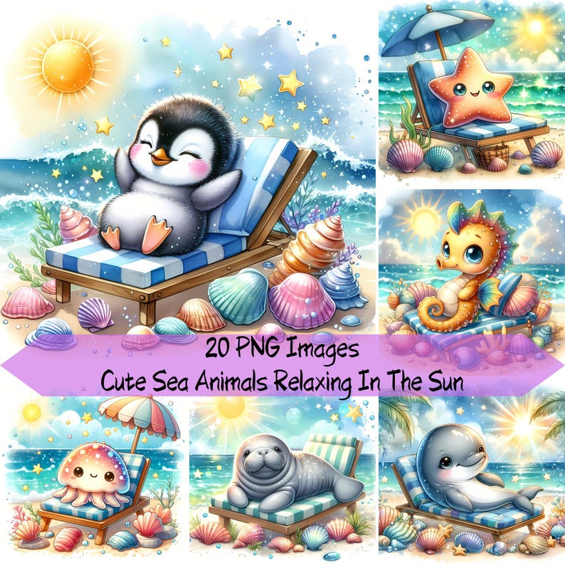 Summer Sea Animals Clipart Bundle, 20 Summer Graphics, Beach Png, Cute ...