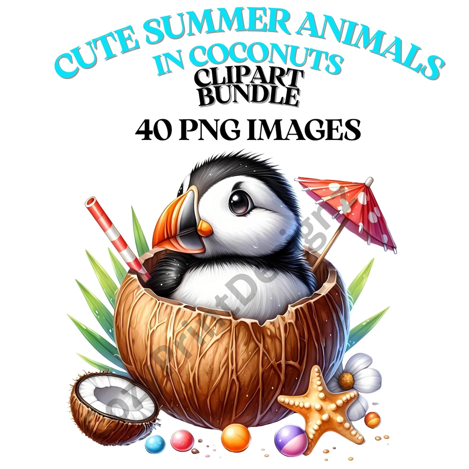 Cute Summer Animals Clipart Bundle, 40 Animal Graphics, Coconut Png ...