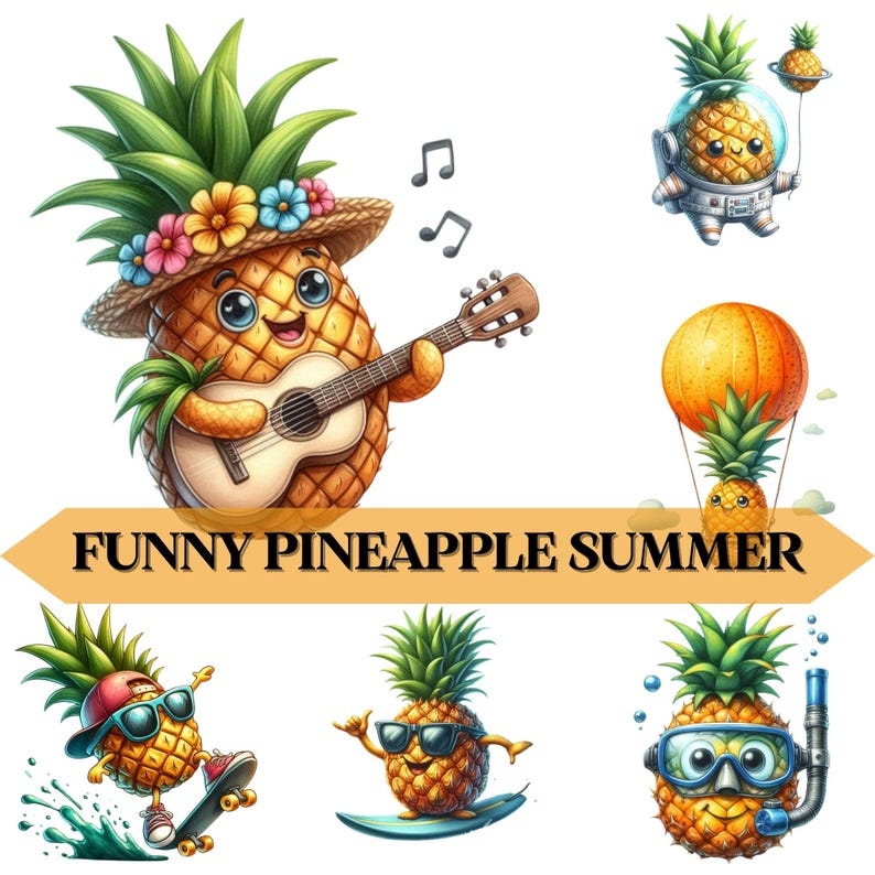 Funny Summer Pineapple Clipart Bundle, 25 Fruit Graphics, Pineapple Png ...