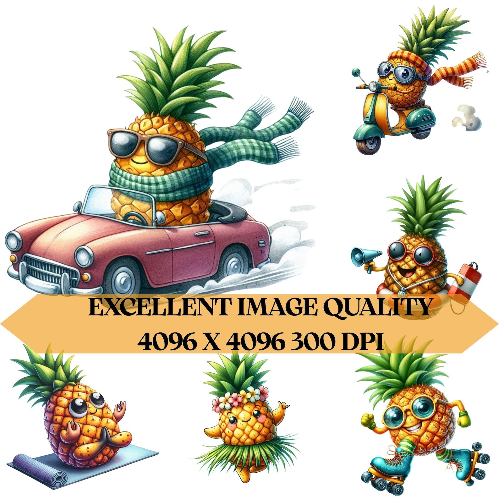 Funny Summer Pineapple Clipart Bundle, 25 Fruit Graphics, Pineapple Png ...