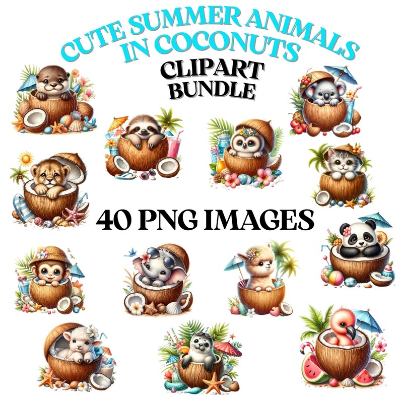 Cute Summer Animals Clipart Bundle, 40 Animal Graphics, Coconut Png ...