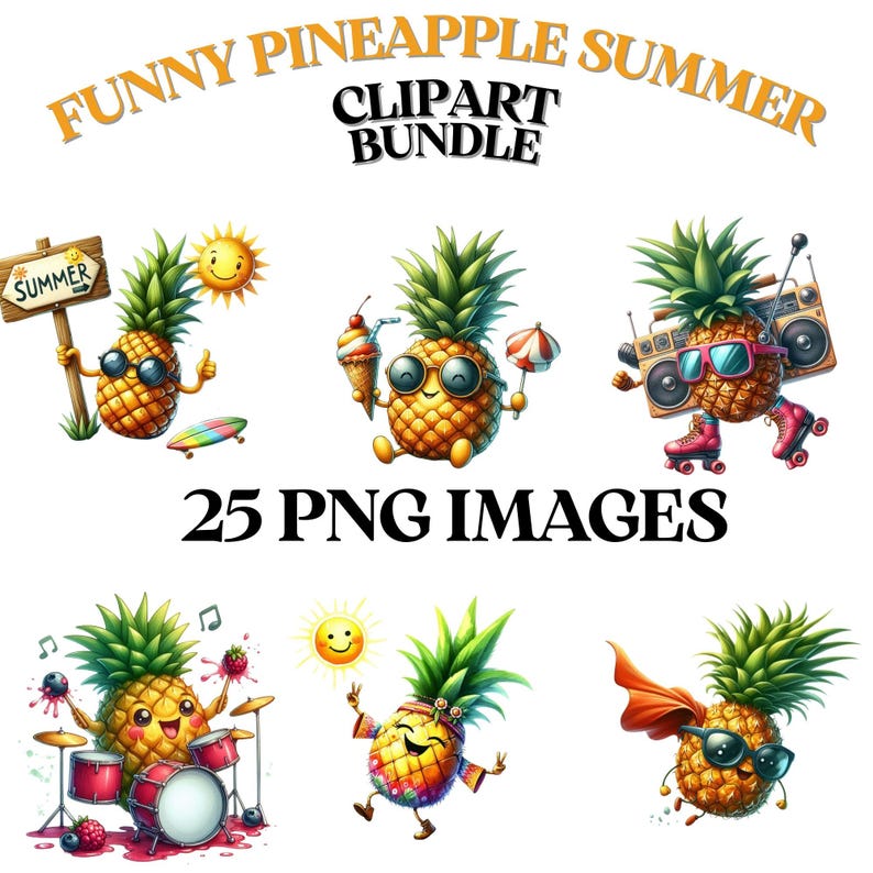 Funny Summer Pineapple Clipart Bundle, 25 Fruit Graphics, Pineapple Png ...