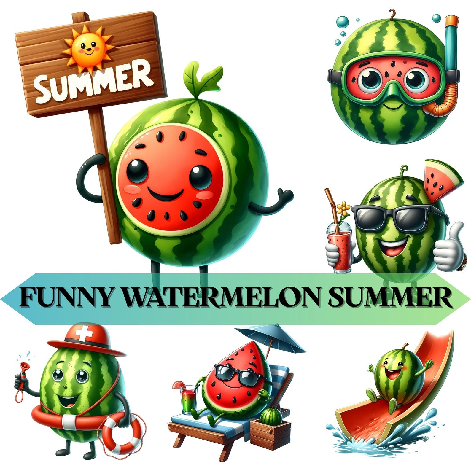 Funny Summer Watermelon Clipart Bundle, 25 Fruit Graphics, Watermelon ...