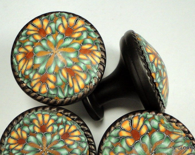 FOR TAMMI 8 Metal Cabinet Knobs in Oil Rubbed Bronze...mustard and Teal Polymer Clay - Etsy