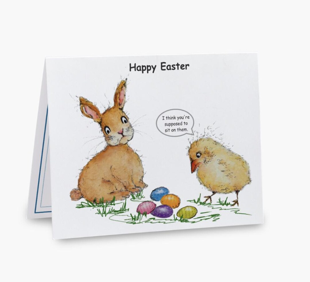 Humorous Easter Bunny Chick Cards, Watercolor Sketch on Linen Paper ...