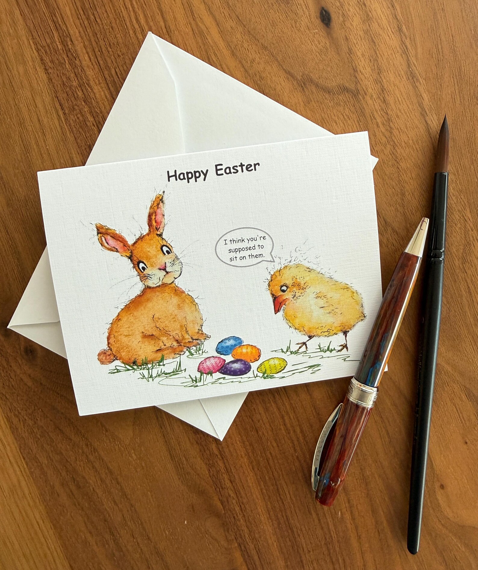 Humorous Easter Bunny Chick Cards, Watercolor Sketch on Linen Paper ...