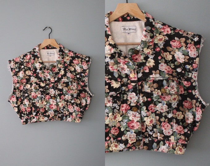 Vintage Cropped Denim Vest 90s Paris Blues Denim Vest Botanical Pocket ...