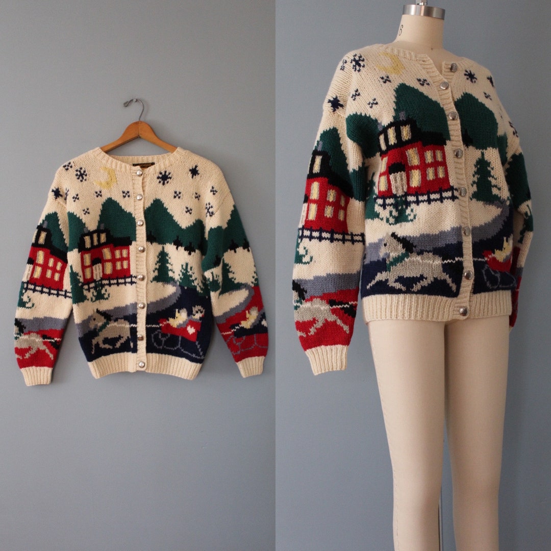 Victorian Town Winter Wonderland Cardigan Vintage Eddie Bauer Wool ...