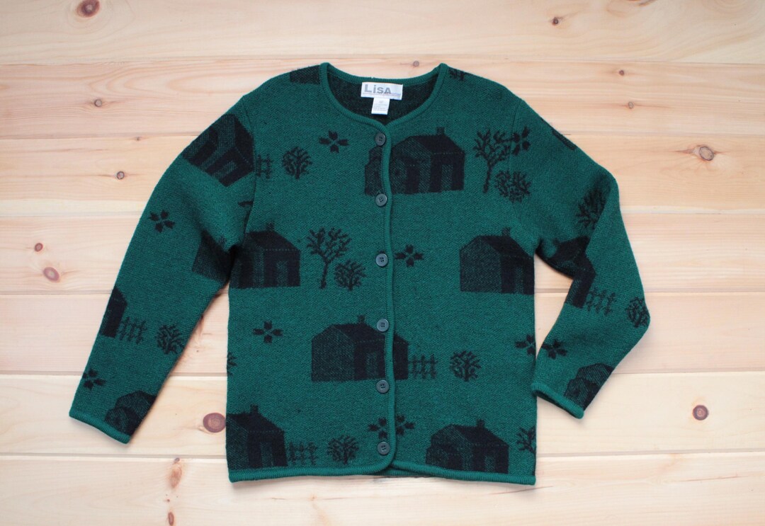 Farm Houses Wool Cardigan | House Intarsia Cardigan | Emerald Green ...