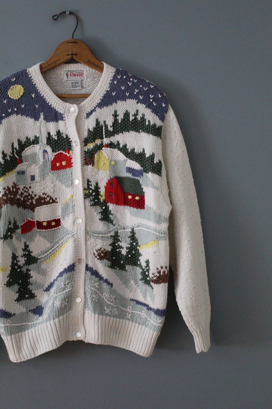 WINTER TOWN Cardigan Sweater 90s Orvis 3D Sweater Embroidered Houses ...