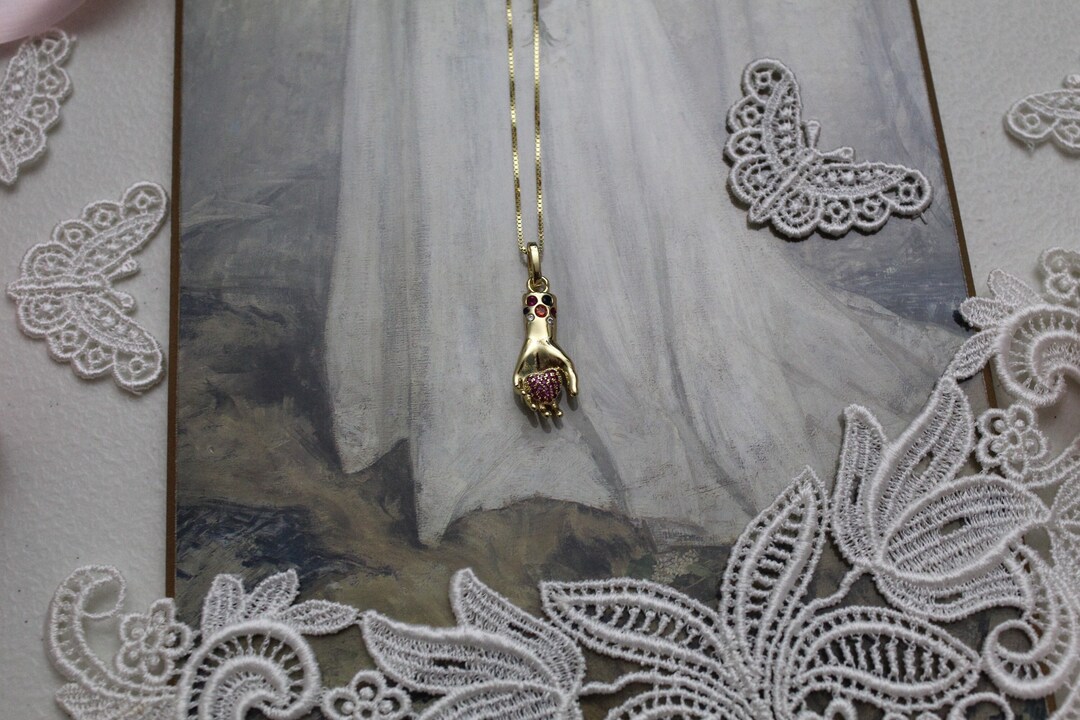 Victorian Hand Charm Necklace | 14K Gold Plated Hand Holding Heart ...