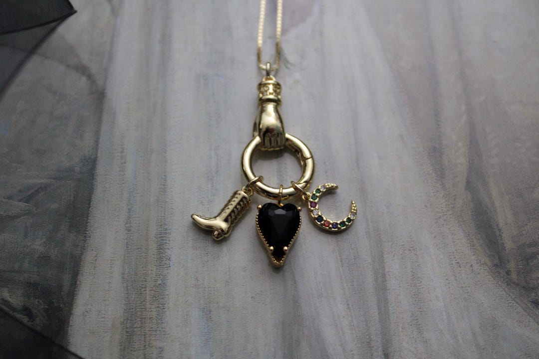 Witches of Salem Hand and Charms Necklace | 14K Gold Plated Carabiner ...