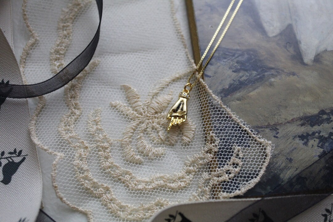 Victorian Pointing Hand Charm Necklace 14K Gold Plated Rhinestone Hand ...