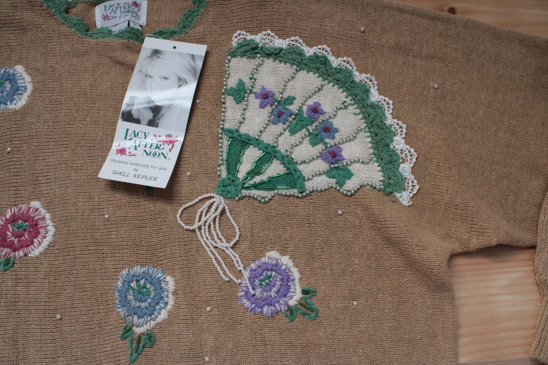 Lacy Afternoon by Shell Kepler Sweater | Almond Beige Embroidered Fan ...
