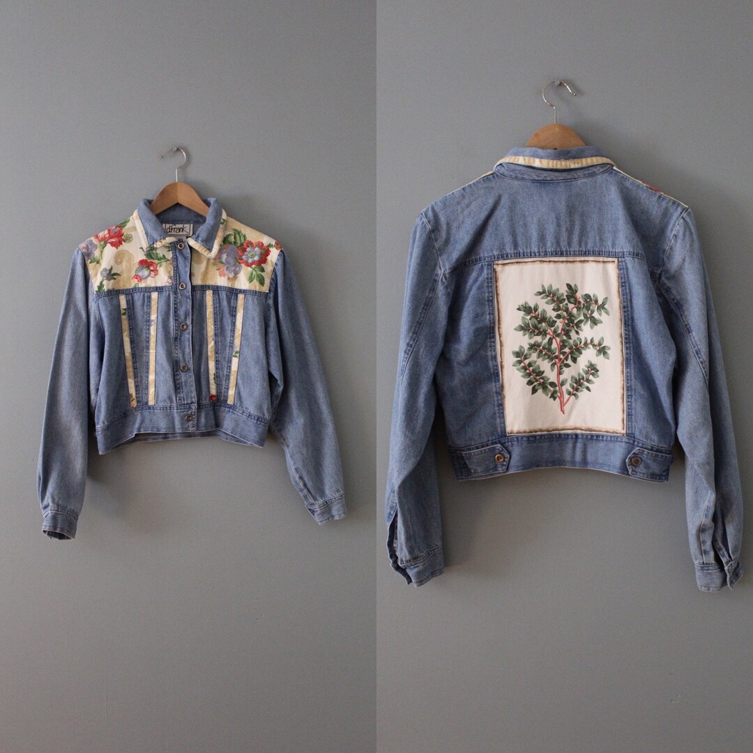BOTANICAL Patch Denim Jacket 90s Cropped Jacket Botanical Tree Patch ...