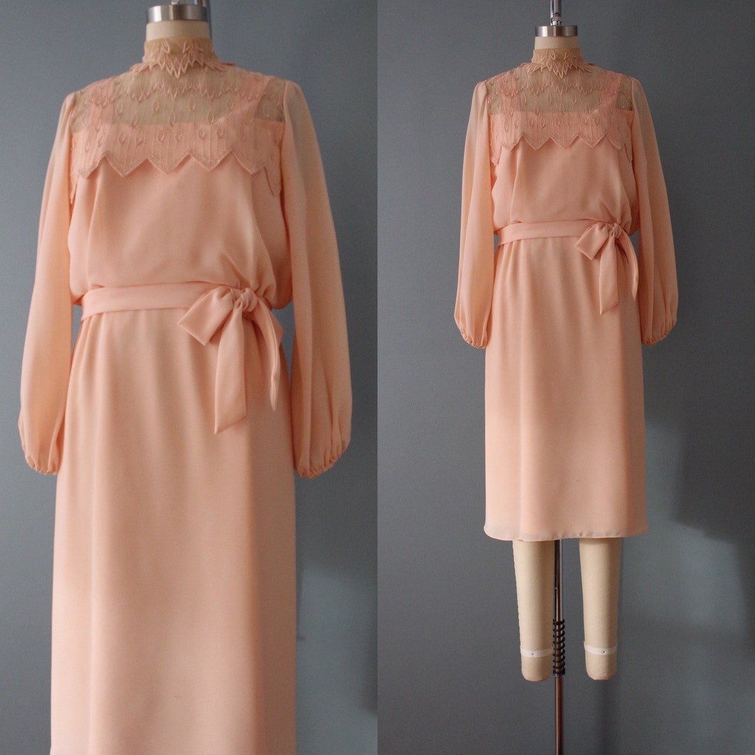 PEACH Lace Dress | 80s Peach Pink Romantic Lace Dress | Bow Waist Lace ...
