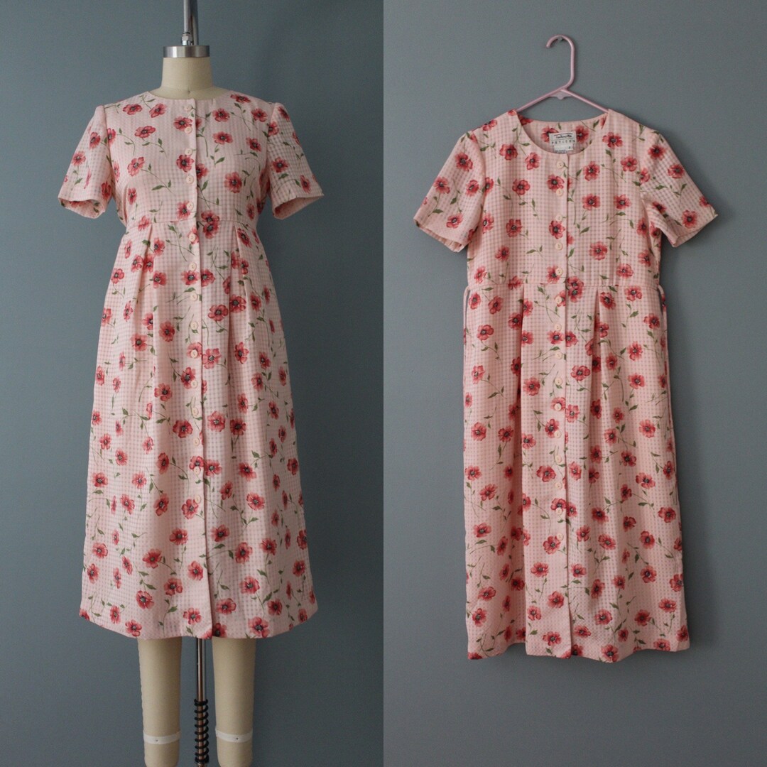POPPY Flowers Summer Dress | Pink Empire Waist Dress | Tie Back Button ...