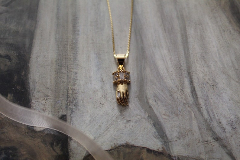 Victorian Hand Charm Necklace | 14K Gold Plated Rhinestone Hand ...