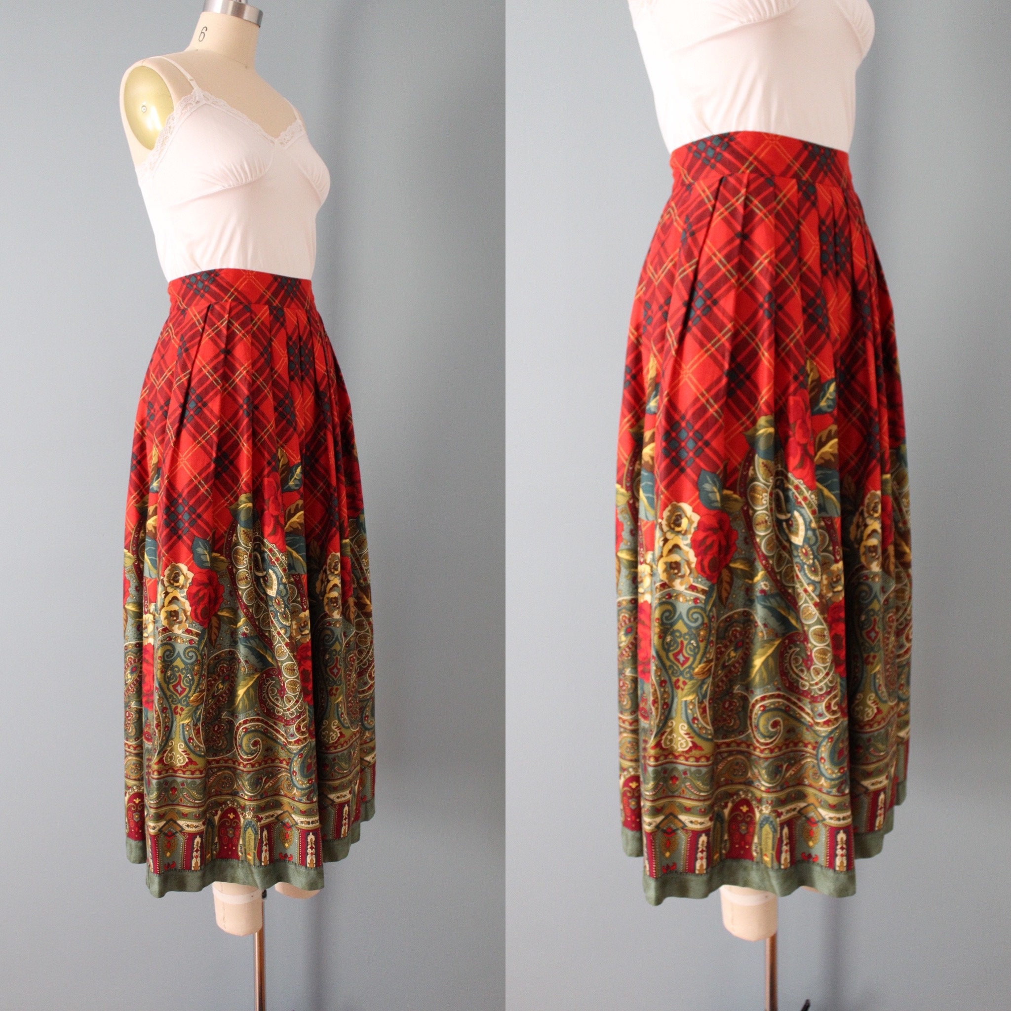 Vintage Full Flared Bohemian Skirt | 1980s Herman Geist Paisley Red ...
