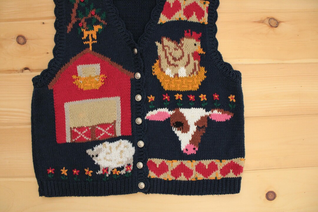 FARM Animals Cropped Boxy Vest 90s Hand Knit Intarsia Vest Barn, Sheep ...