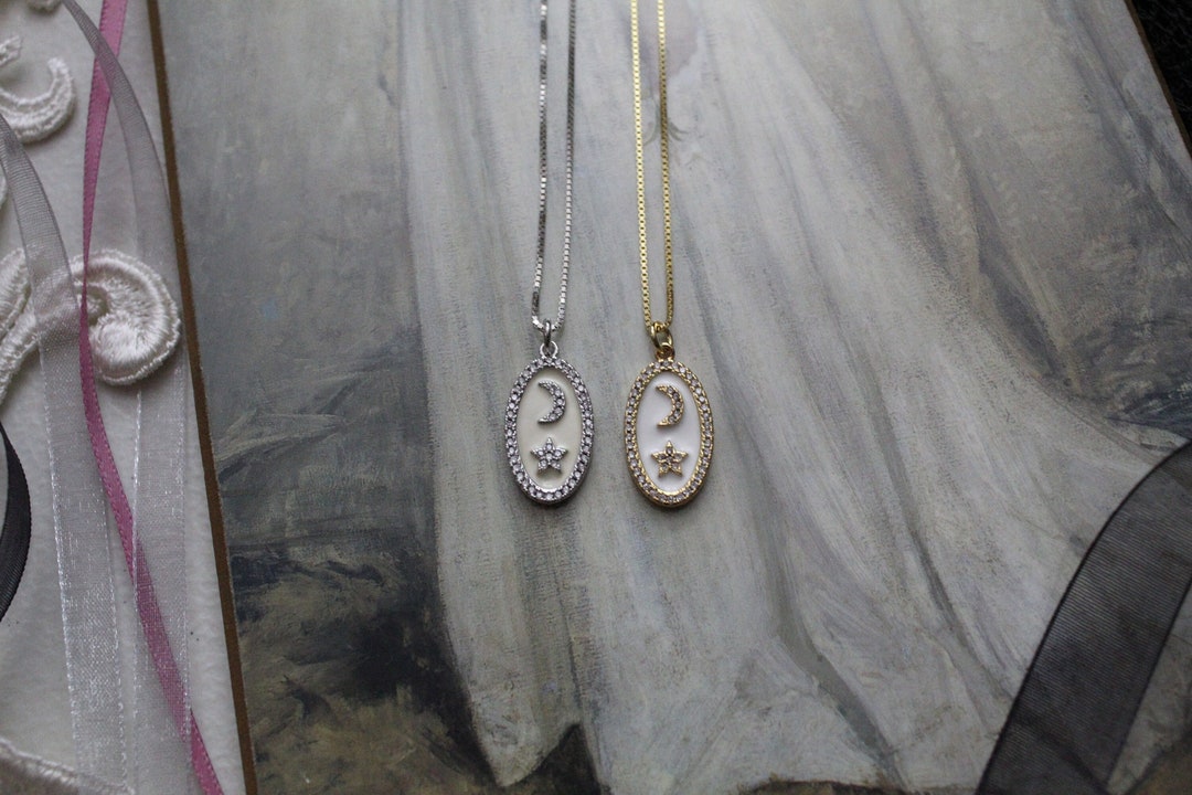 Victorian Oval Cameo Necklace | Moon and Star Medallion Necklace | 925 ...