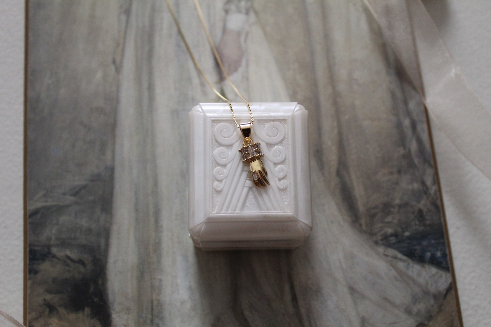 Victorian Hand Charm Necklace | 14K Gold Plated Rhinestone Hand ...