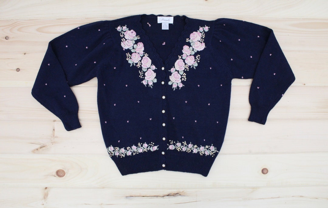 ROSES Embroidery Cardigan | Navy Blue Cotton Cardigan | Cottagecore ...