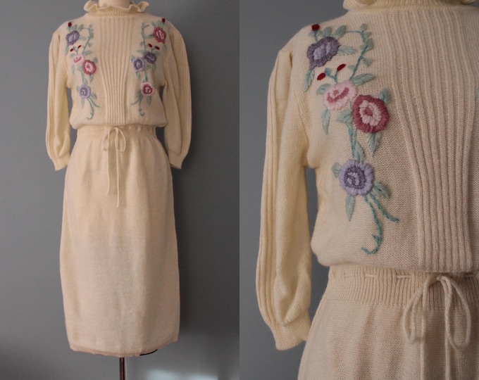 ESPRIT Knitted Dress | Embroidered Cream White Dress | Drawstring Waist ...