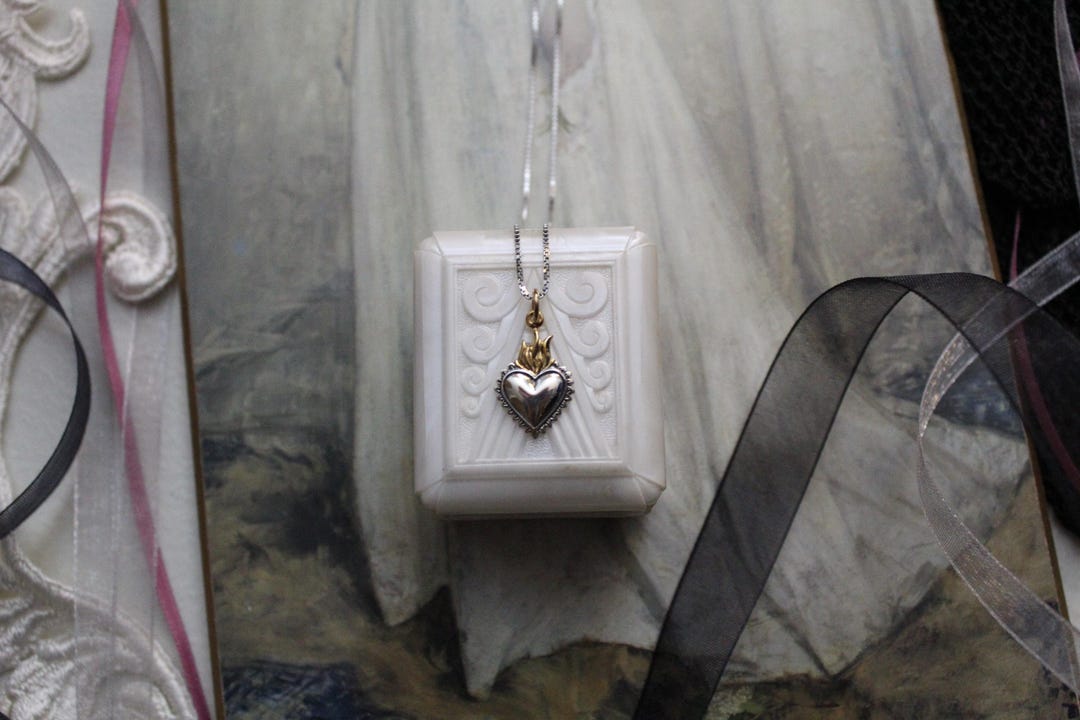 Flaming Heart Charm Necklace | Gothic Art Deco Two Tone Necklace | 925 ...