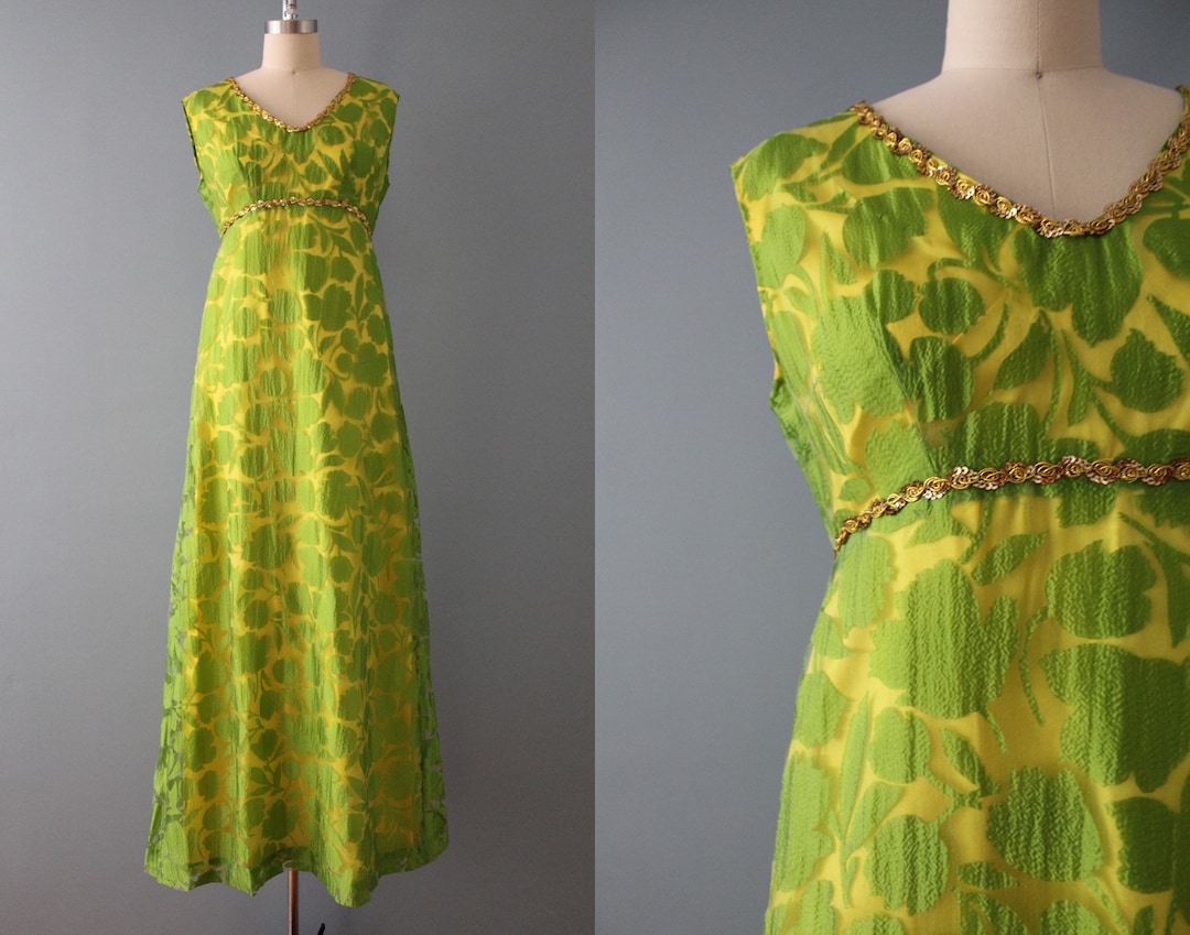 LIME Green Maxi Dress 1960s Mod Maxi Dress Empire Waist Princess Gown ...